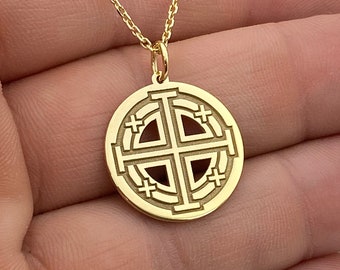 Dainty 14k Solid Gold Jerusalem Cross Necklace, Personalized Cross Coin ...
