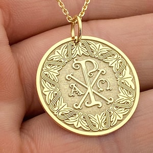 14k Solid Gold Chi Rho Cross Necklace, Personalized Cross Coin Necklace ...