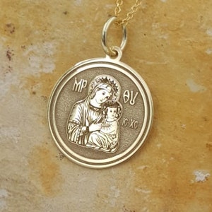 14k Solid Gold Virgin Mary Coin Necklace, Gold Disc Necklace, Dainty ...