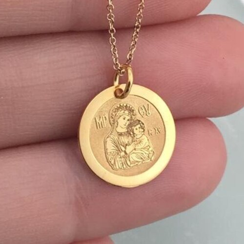 14k Solid Gold Virgin Mary Coin Necklace Gold Disc Necklace - Etsy