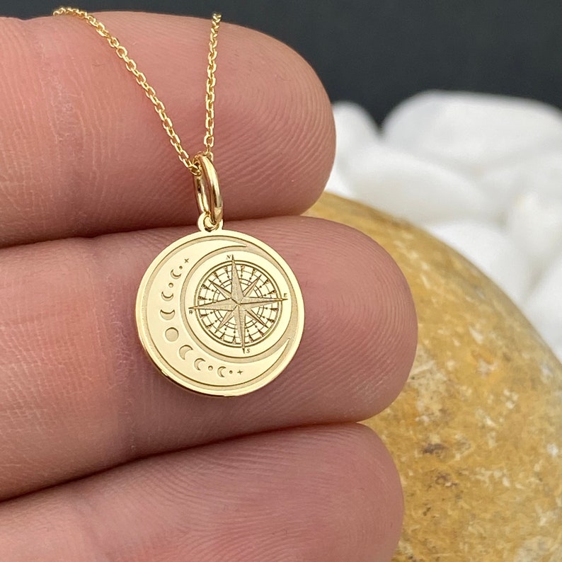 Dainty 14k Solid Gold Moon Compass Pendant, Personalized Moon Compass ...