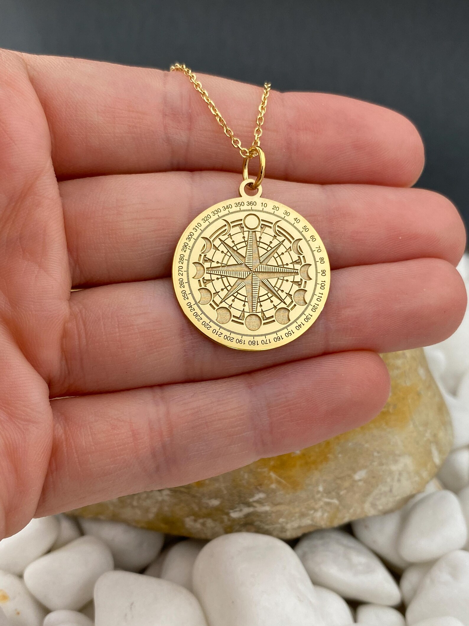 14k Solid Gold Moon Compass Pendant, Personalized Moon Phases Compass ...