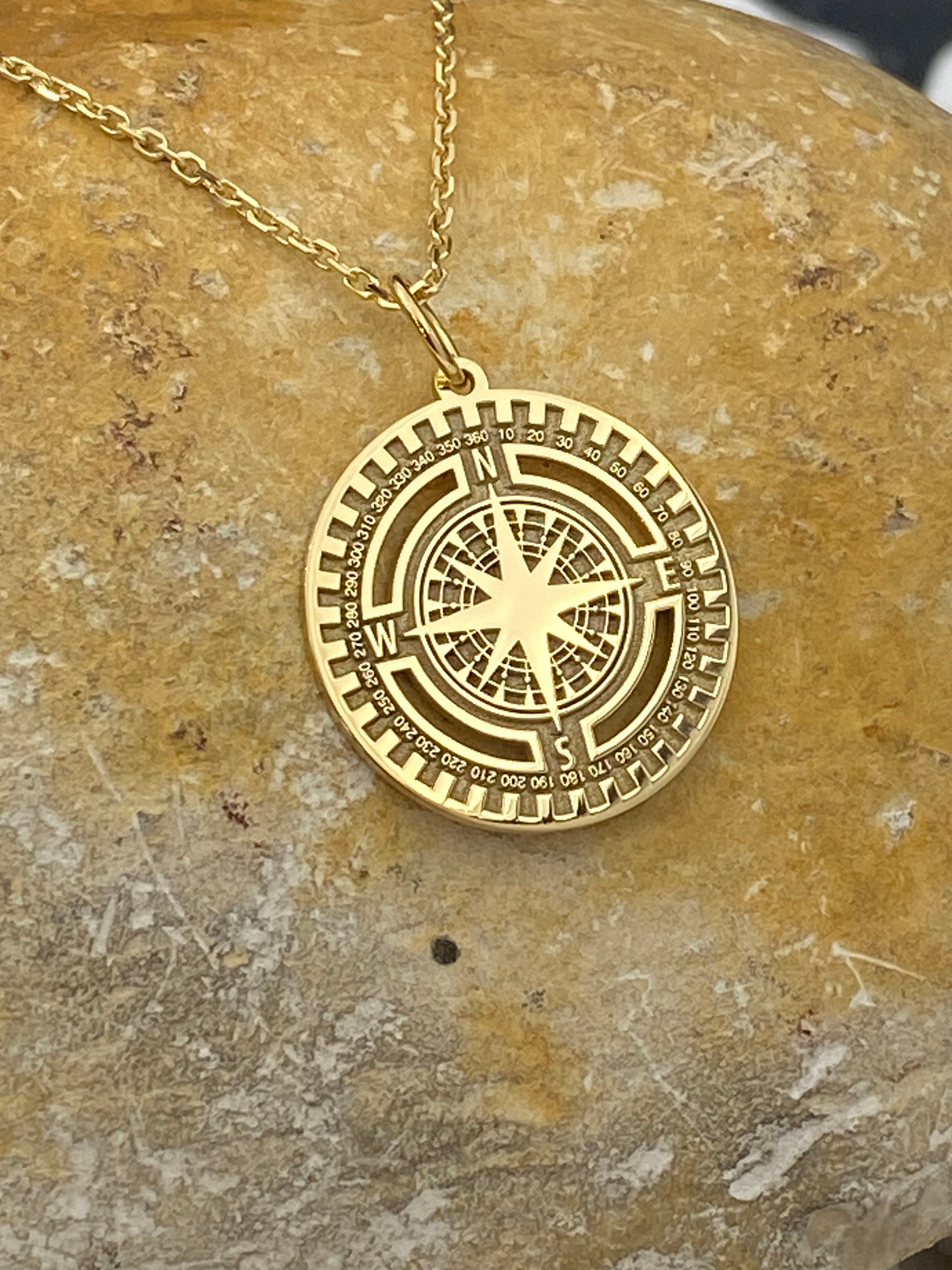 Real 14k Solid Gold Compass Necklace, Personalized Back Side Engrave ...