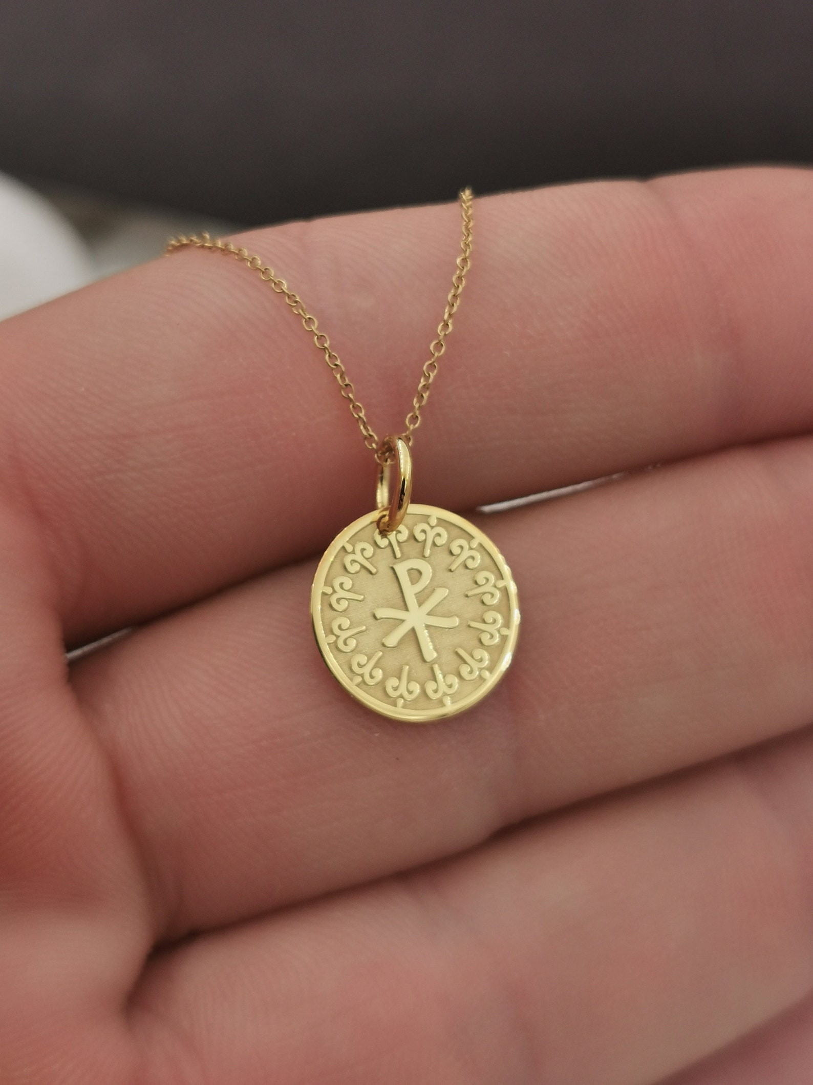 Dainty 14k Solid Gold Chi Rho Cross Necklace Personalized | Etsy