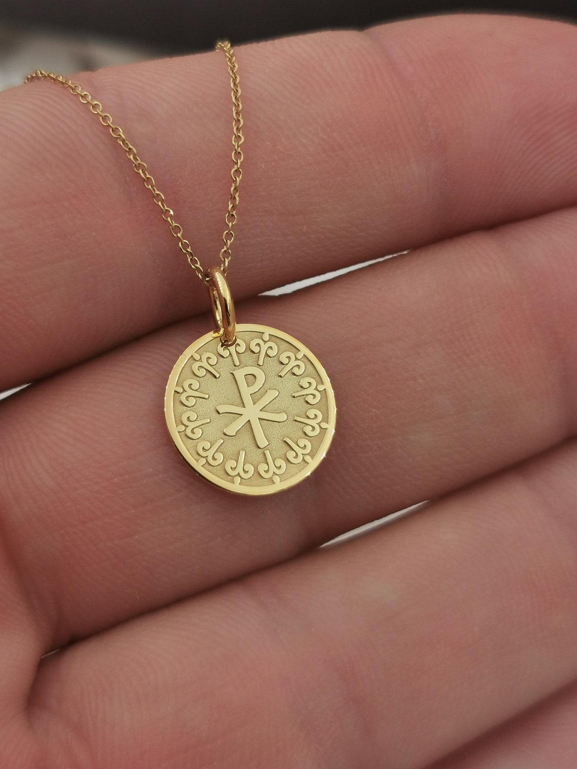 Dainty 14k Solid Gold Chi Rho Cross Necklace Personalized | Etsy