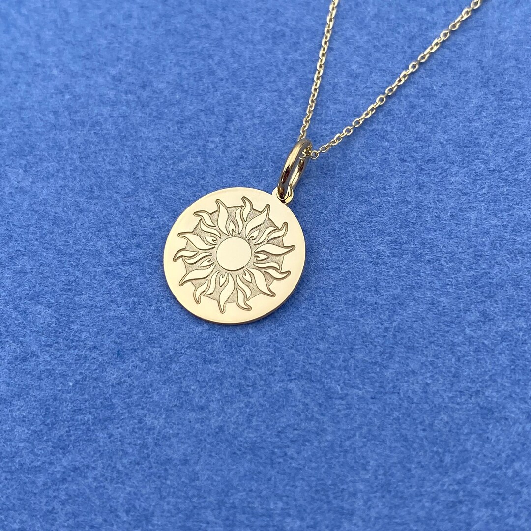 Dainty 14k Solid Gold Sun Necklace, Personalized Sun Pendant, Sun Coin ...