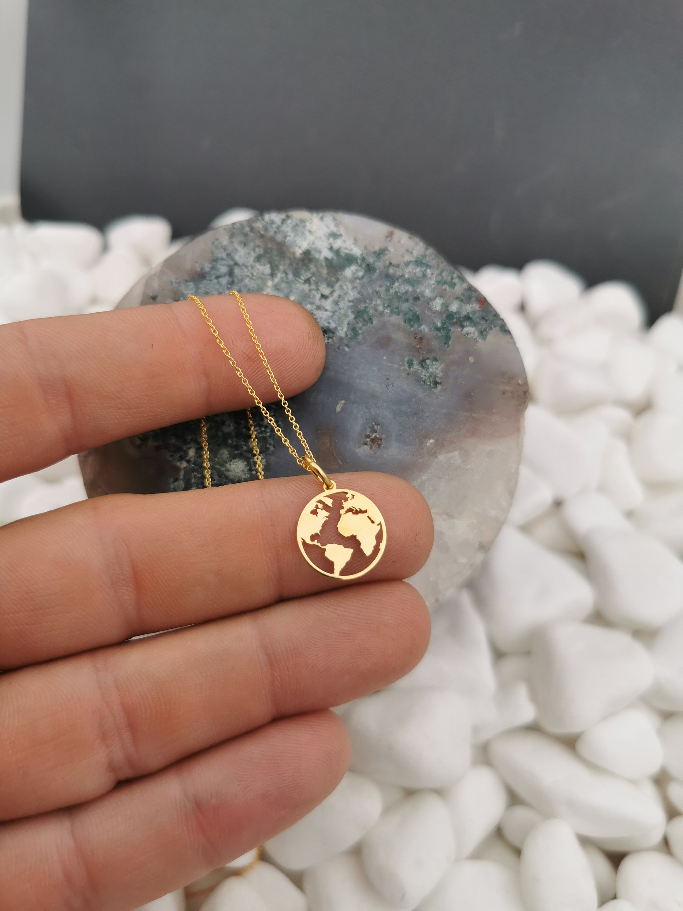 14k Solid Gold Earth Necklace, Dainty World Map Medallion Necklace ...