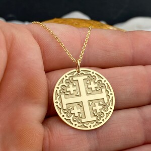 14k Solid Gold Jerusalem Cross Necklace, Personalized Cross Coin ...