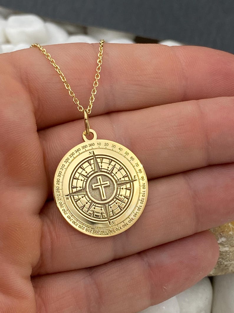 14k Solid Gold Cross Compass Necklace, Personalized Compass With Cross ...