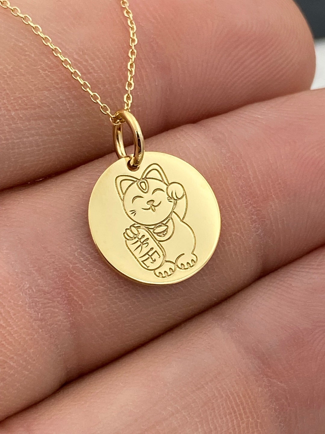 Dainty 14k Solid Gold Maneki Neko Cat Pendant , Personalized Maneki ...