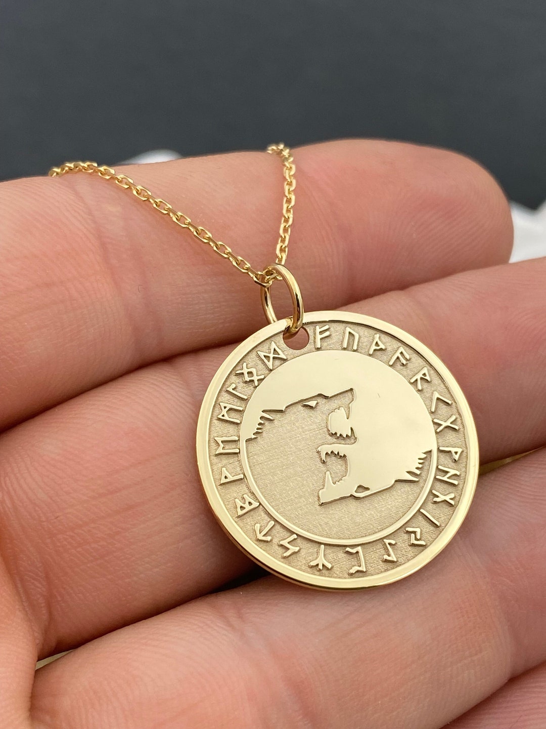 14k Solid Gold Odins Two Wolves Necklace, Personalized Two Wolves ...