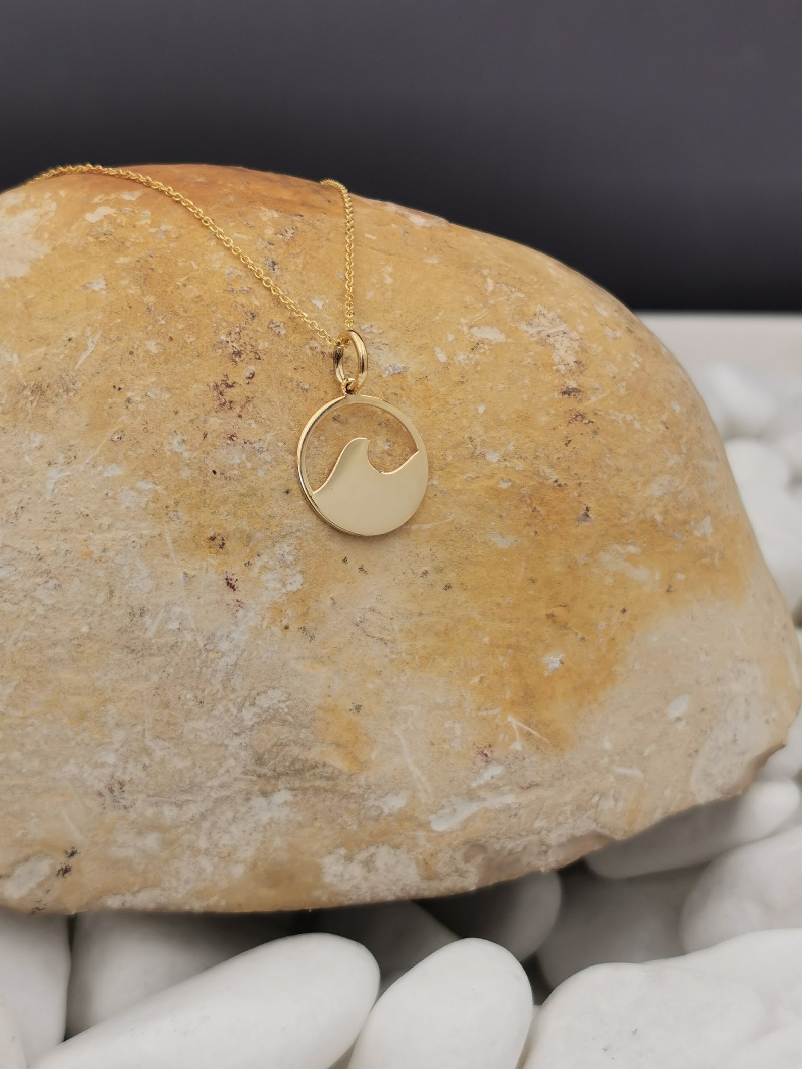 14k Solid Gold Dainty Wave Pendant Everyday Small Gold Disc | Etsy