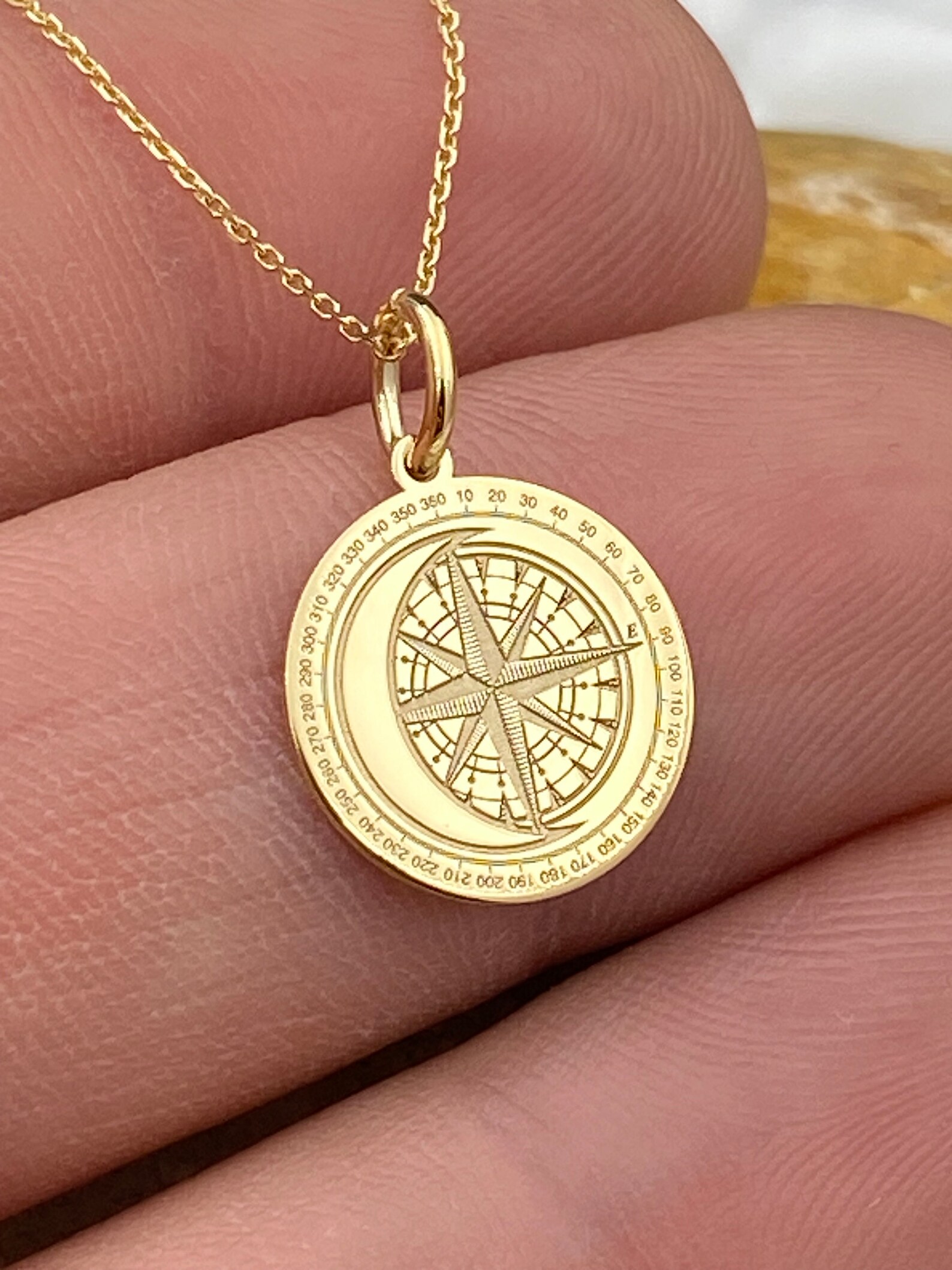 Dainty 14k Solid Gold Moon Compass Necklace, Personalized Compass Moon ...