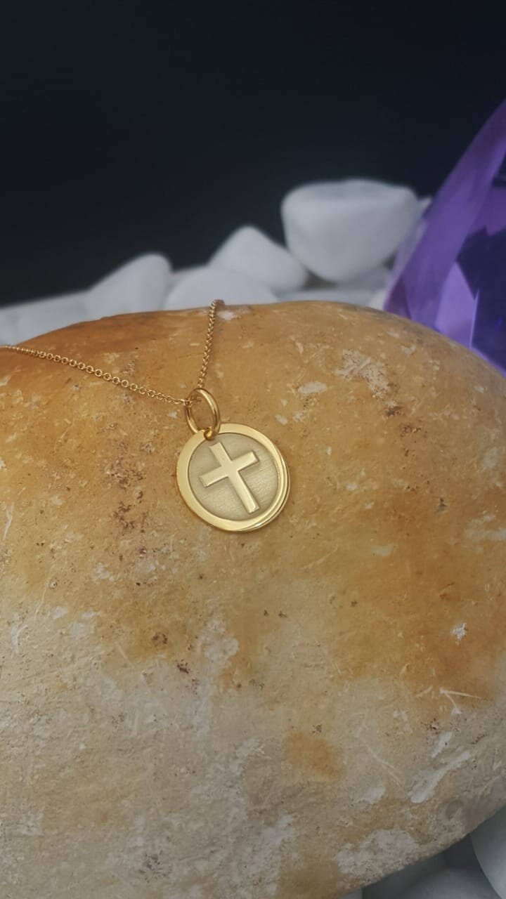 14k Solid Gold Coin, Cross Necklace, Gold Disc Necklace, Coin Cross ...