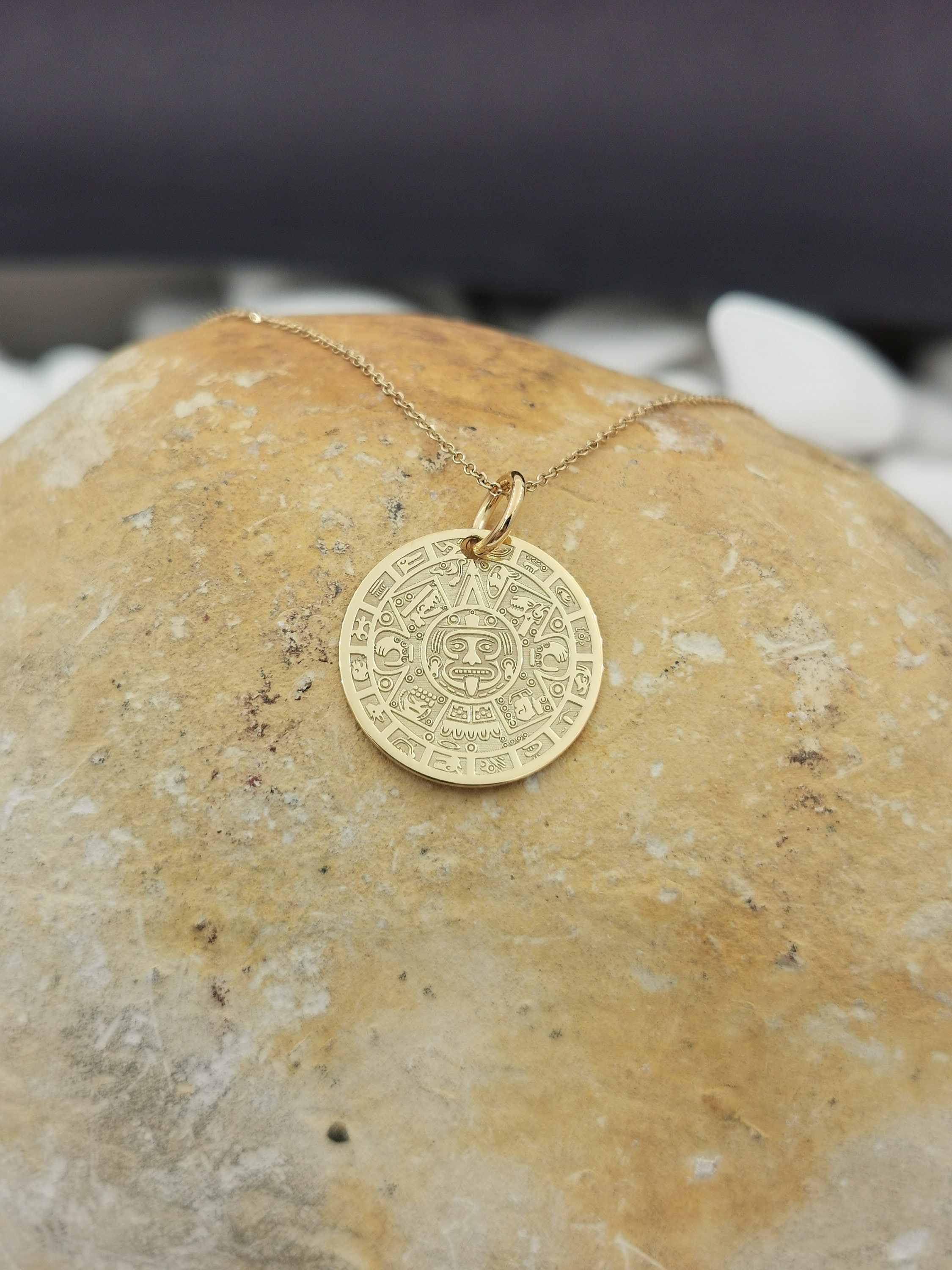 14k Aztec Calendar Necklace Personalized Mayan Sun Calendar | Etsy