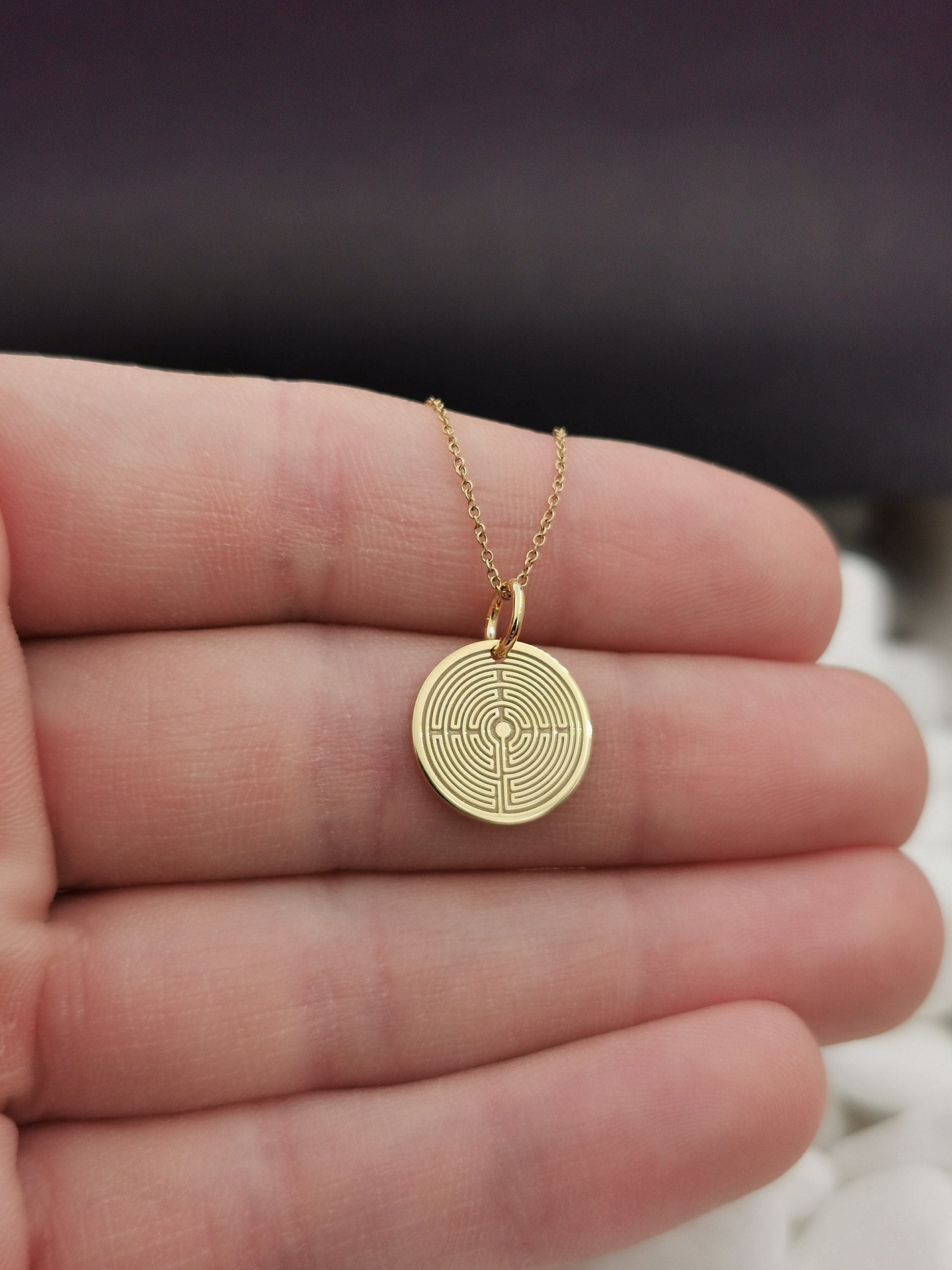 Dainty 14k Solid Gold Labyrinth Necklace Personalized - Etsy