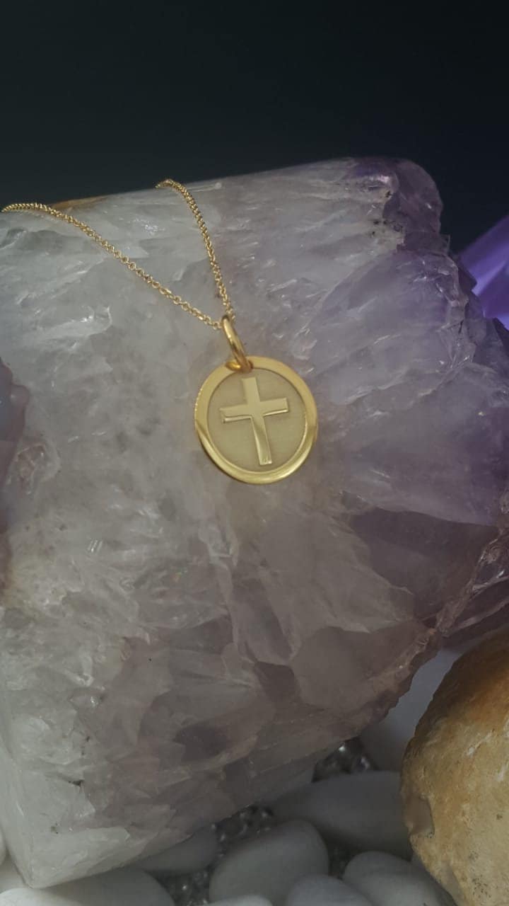 14k Solid Gold Coin cross necklace Gold Disc Necklace Coin | Etsy