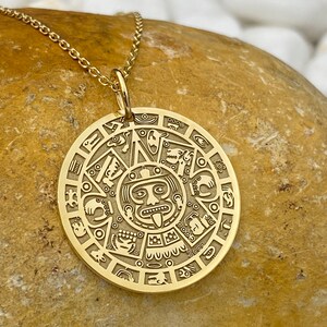 14k Aztec Calendar Necklace, Personalized Mayan Sun Calendar Pendant ...
