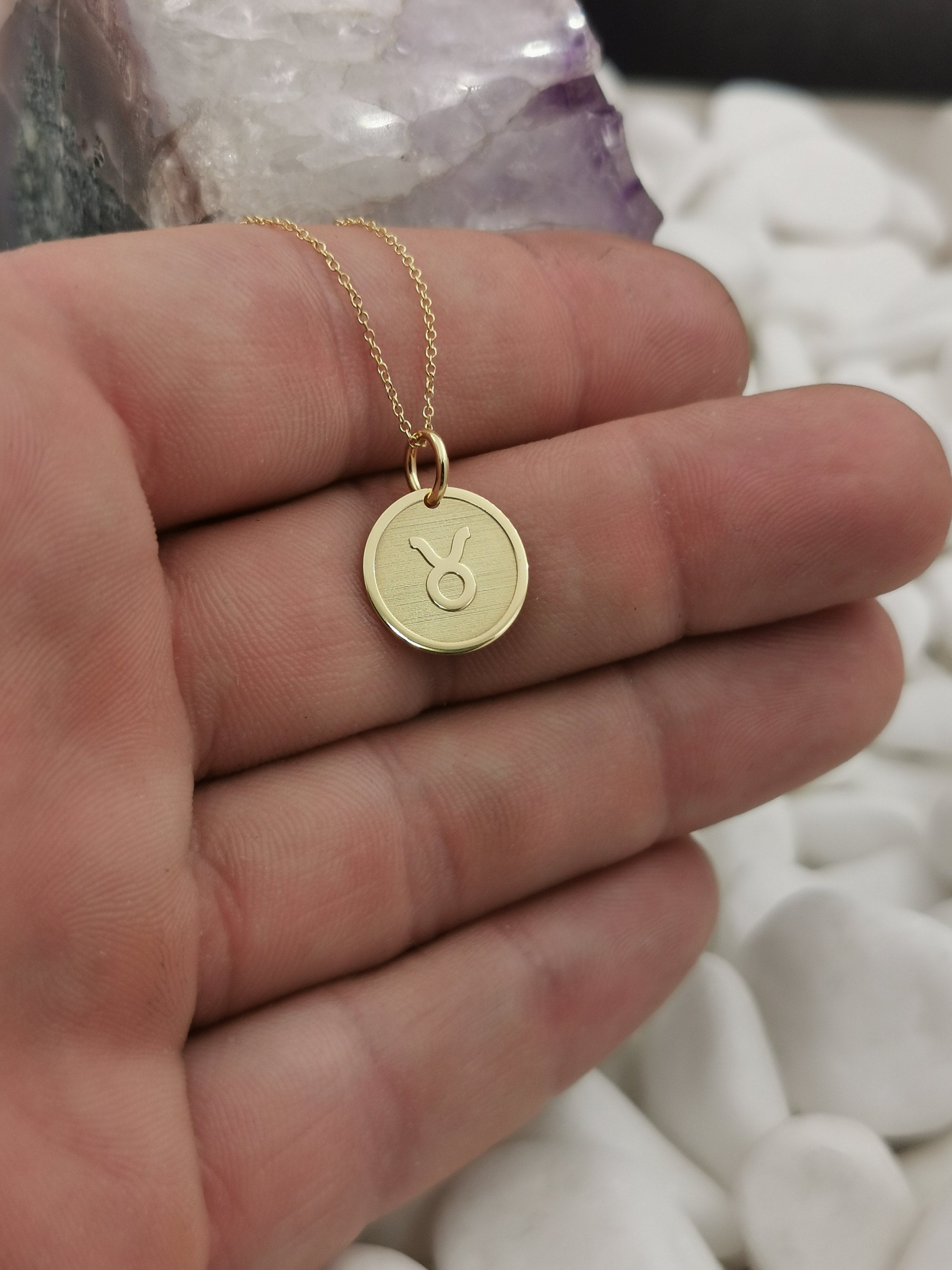 Dainty 14k Solid Gold Taurus Zodiac Necklace, Taurus Symbol Pendant ...