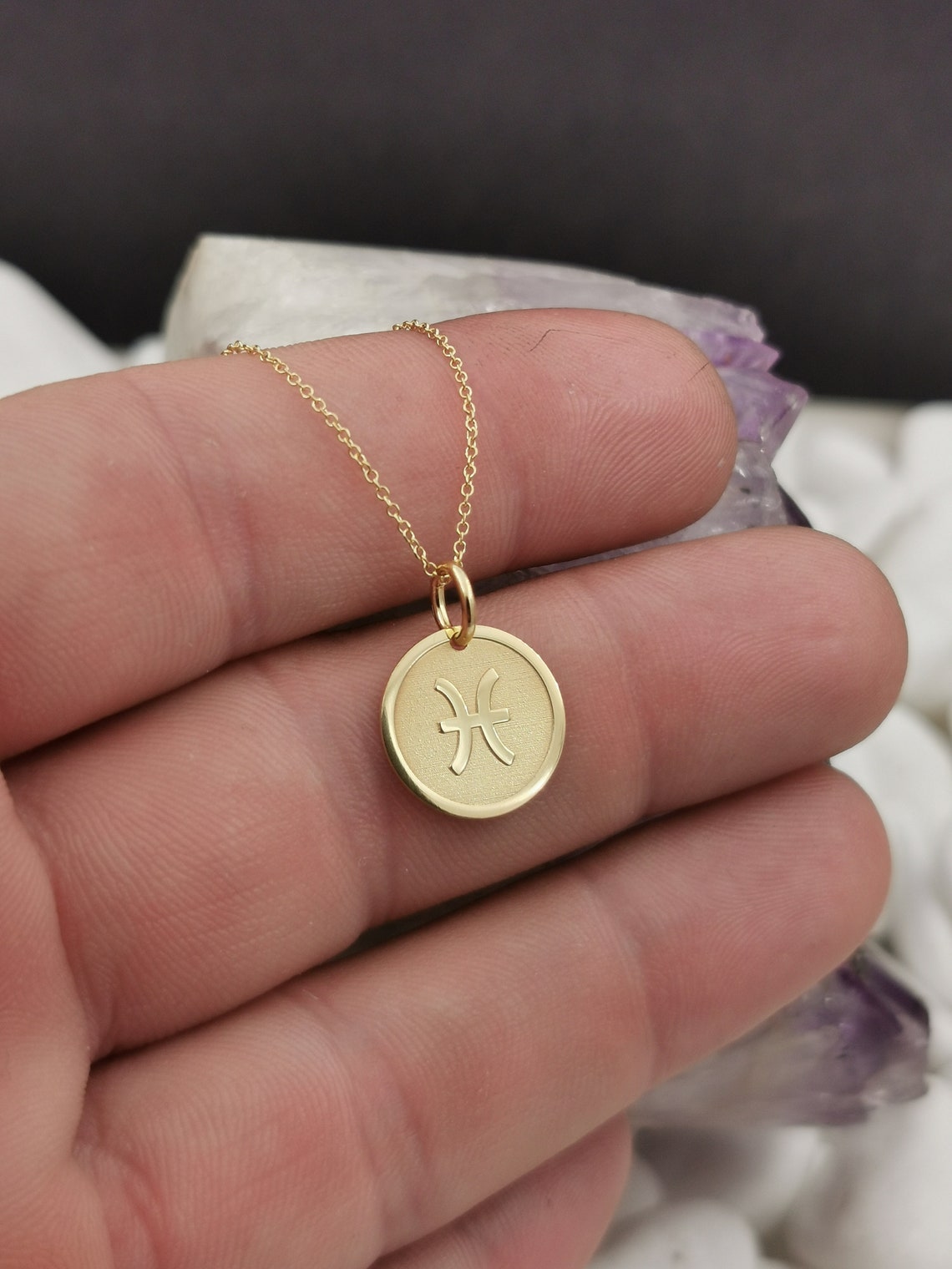 Dainty 14k Solid Gold Pisces Zodiac Necklace, Pisces Symbol Pendant ...
