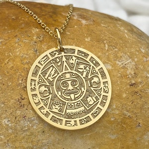 14k Aztec Calendar Necklace, Personalized Mayan Sun Calendar Pendant ...