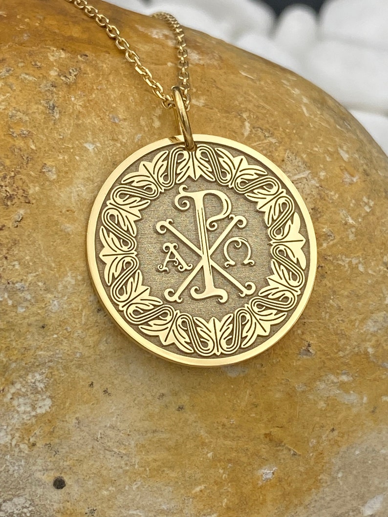 14k Solid Gold Chi Rho Cross Necklace, Personalized Cross Coin Necklace ...