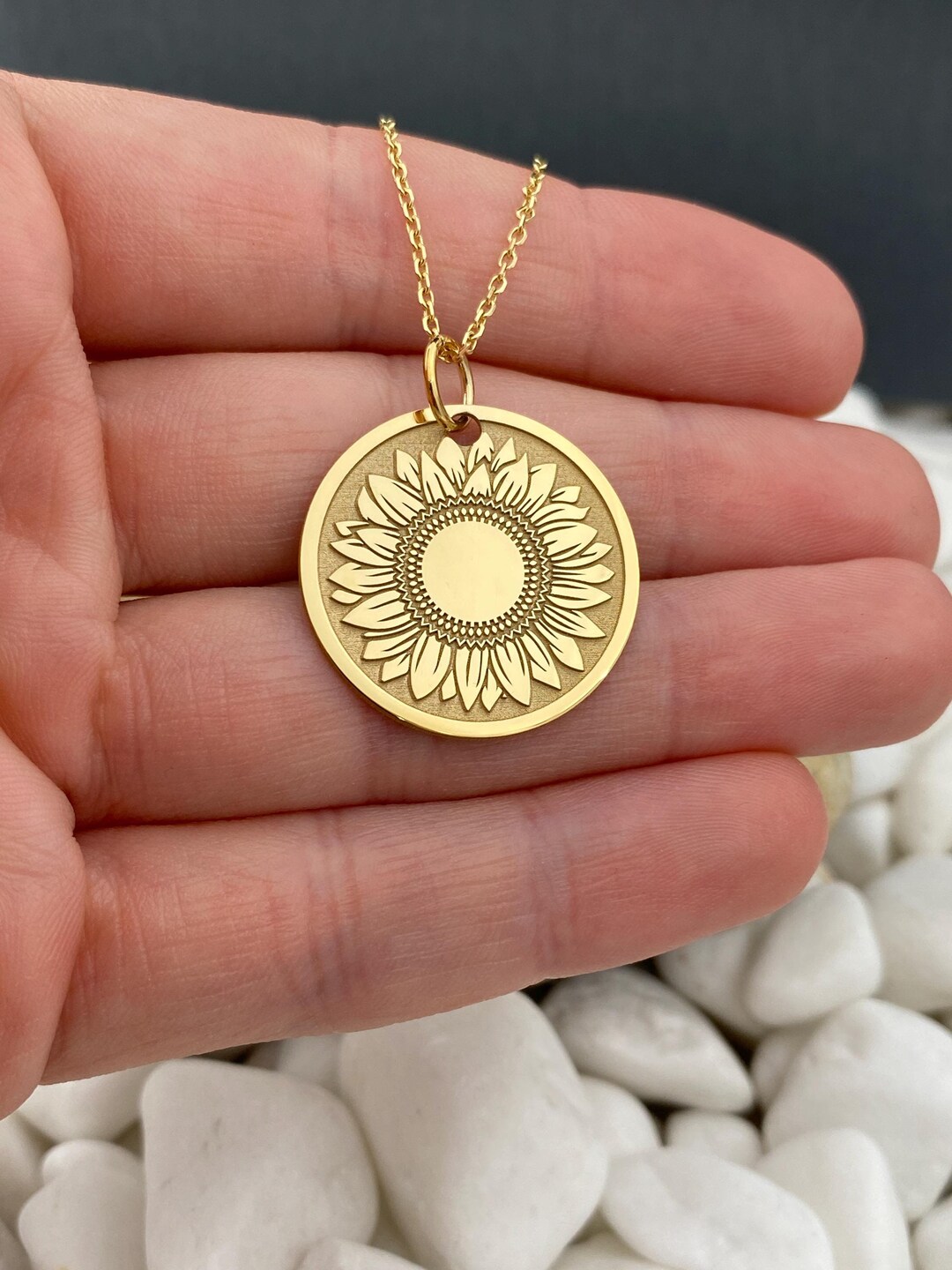 14k Solid Gold Sunflower Necklace, Personalized Sunflower Pendant, Gold ...