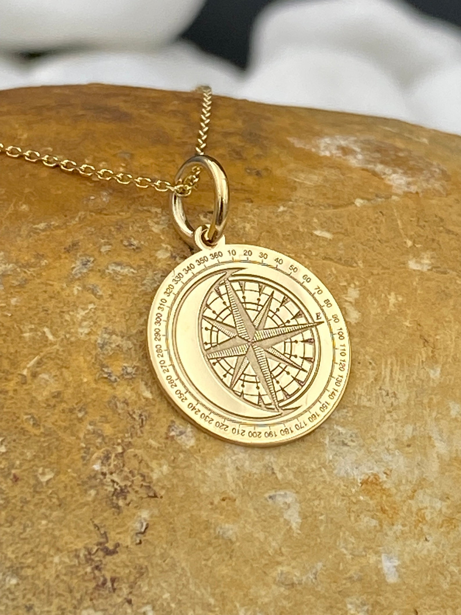 Dainty 14k Solid Gold Moon Compass Necklace, Personalized Compass Moon ...
