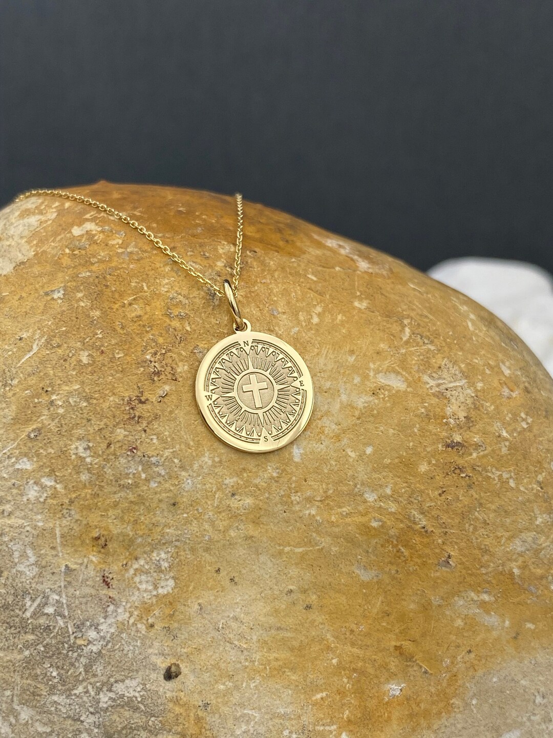 Dainty 14k Solid Gold Cross Compass Pendant Necklace - Etsy