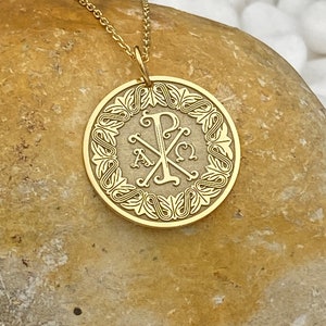 14k Solid Gold Chi Rho Cross Necklace, Personalized Cross Coin Necklace ...