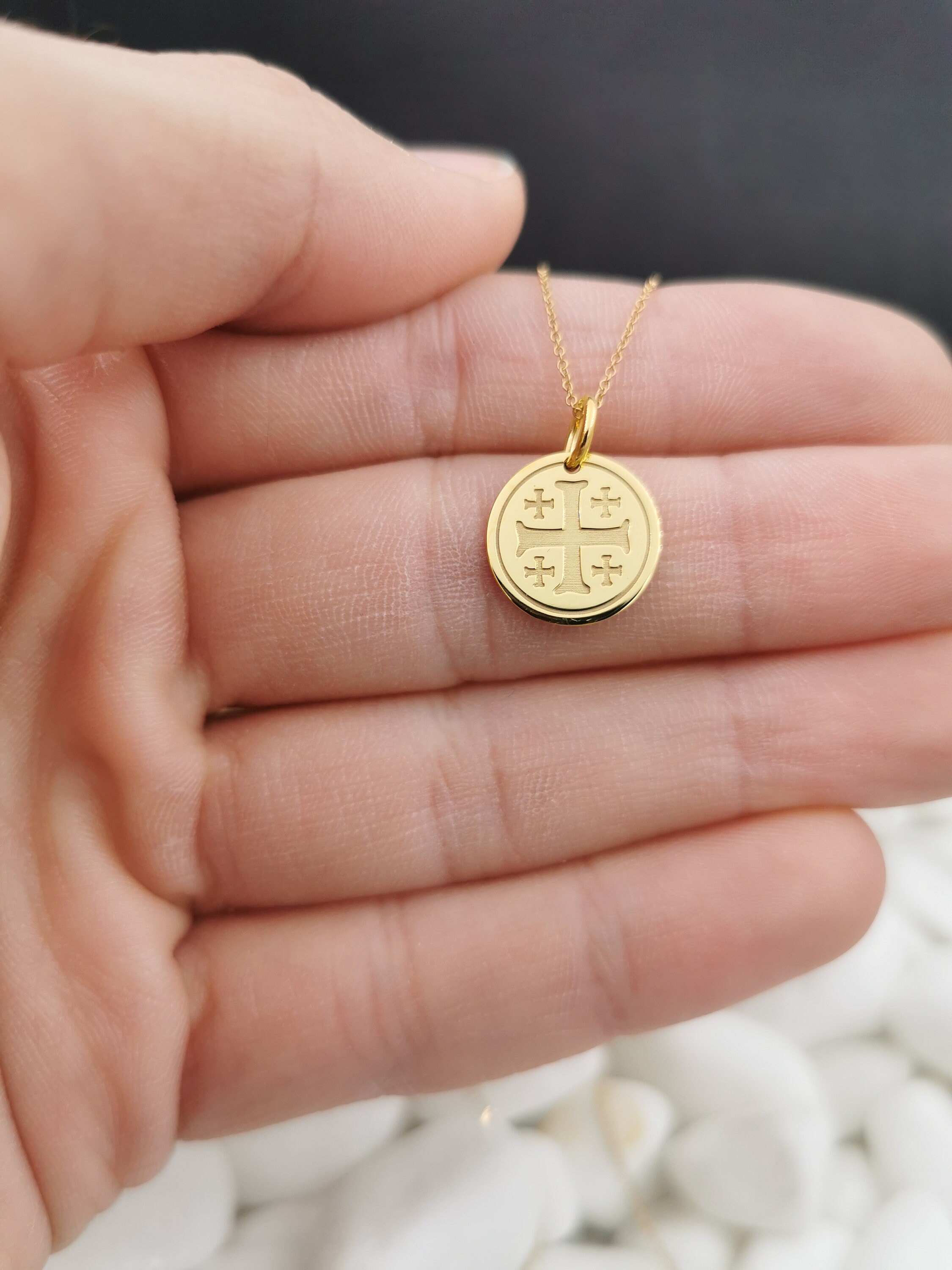 14k Solid Gold Jerusalem Cross Necklace, Personalized Cross Coin ...