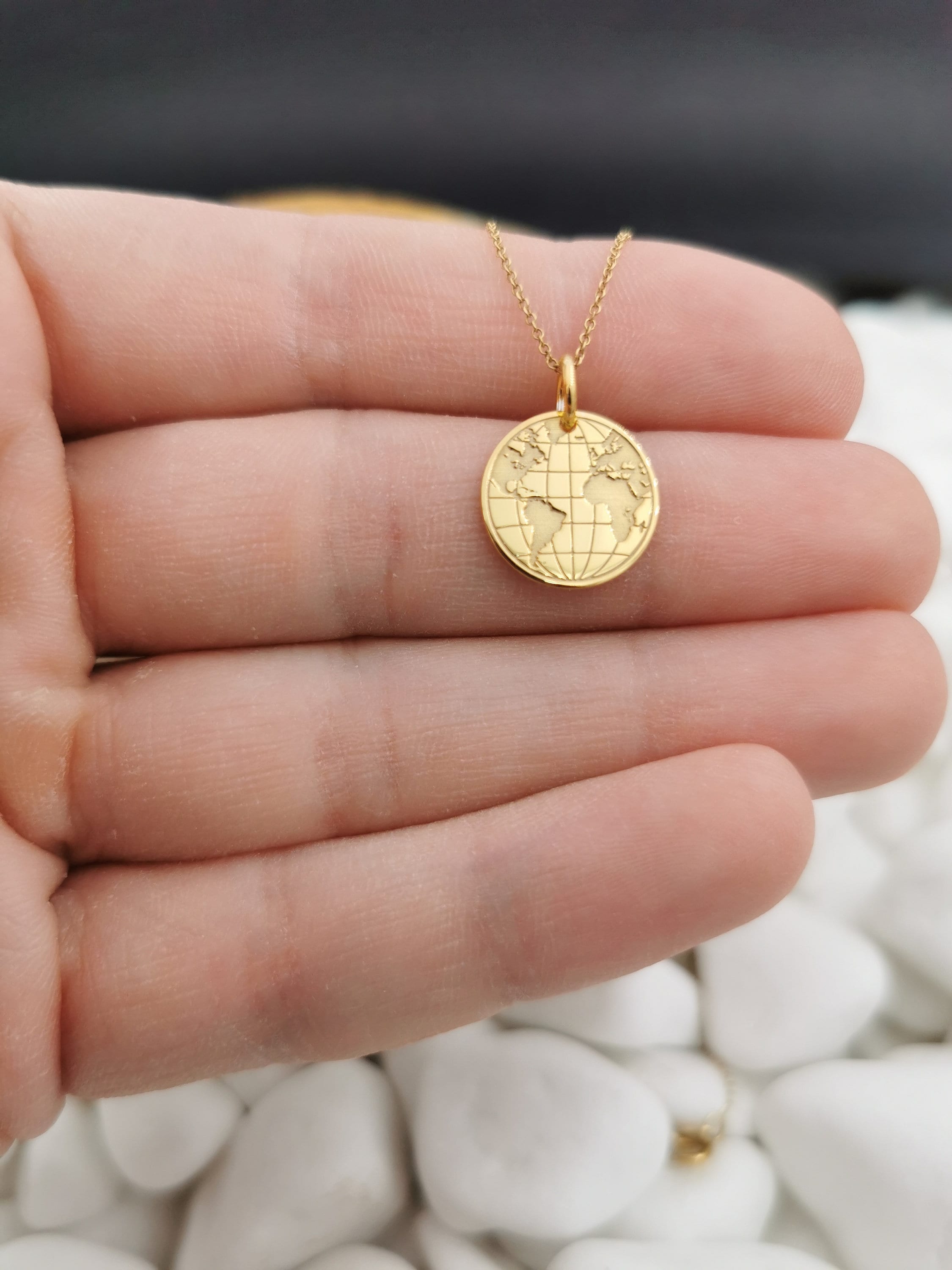 Dainty 14k Solid Gold Earth Necklace, World Map Necklace, Gold Coin ...