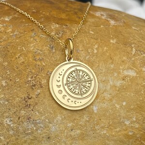 Dainty 14k Solid Gold Moon Compass Pendant, Personalized Moon Compass ...