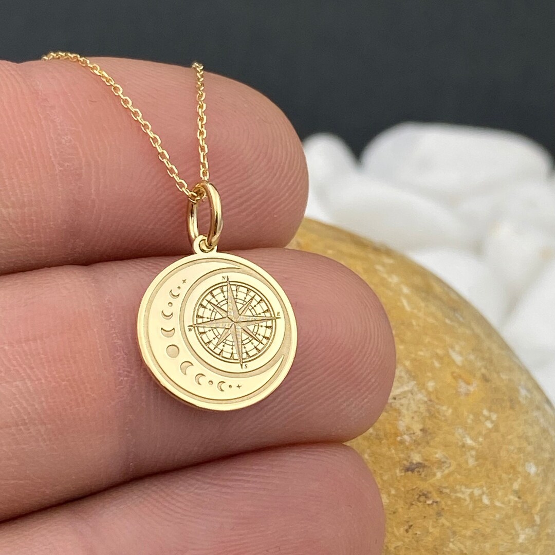 Dainty 14k Solid Gold Moon Compass Pendant, Personalized Moon Compass ...