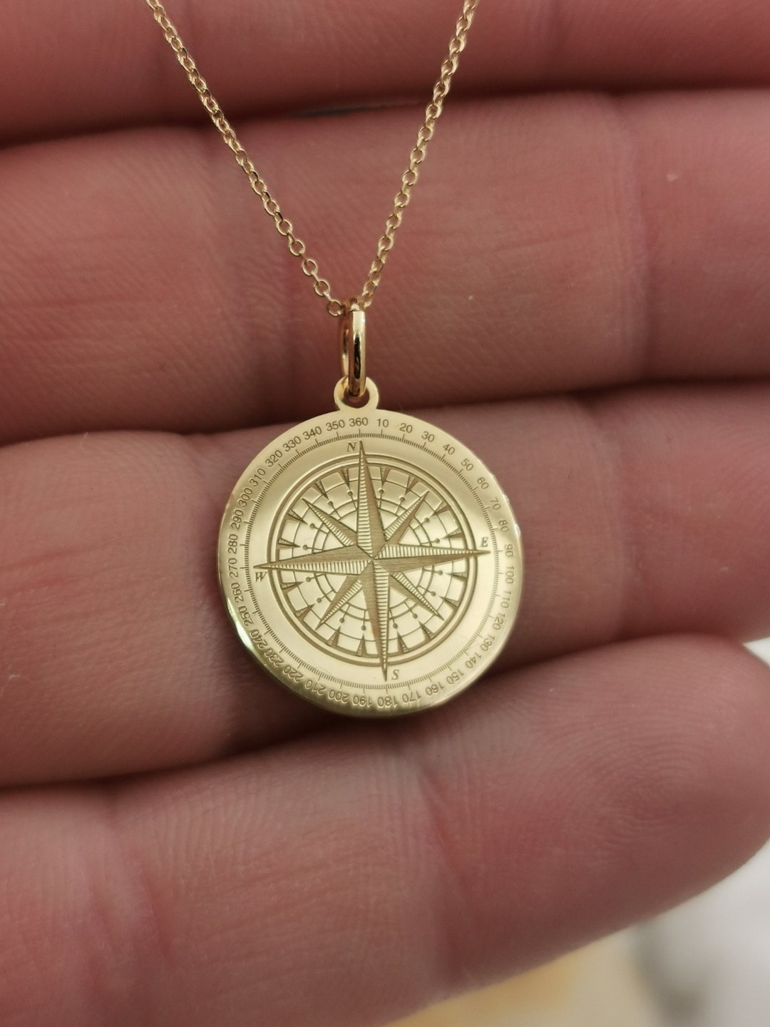0,65 Inch (16,5mm) Compass Necklace 14K Solid Gold, Compass Jewelry ...