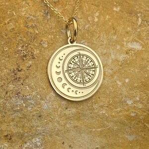 Dainty 14k Solid Gold Moon Compass Pendant, Personalized Moon Compass ...