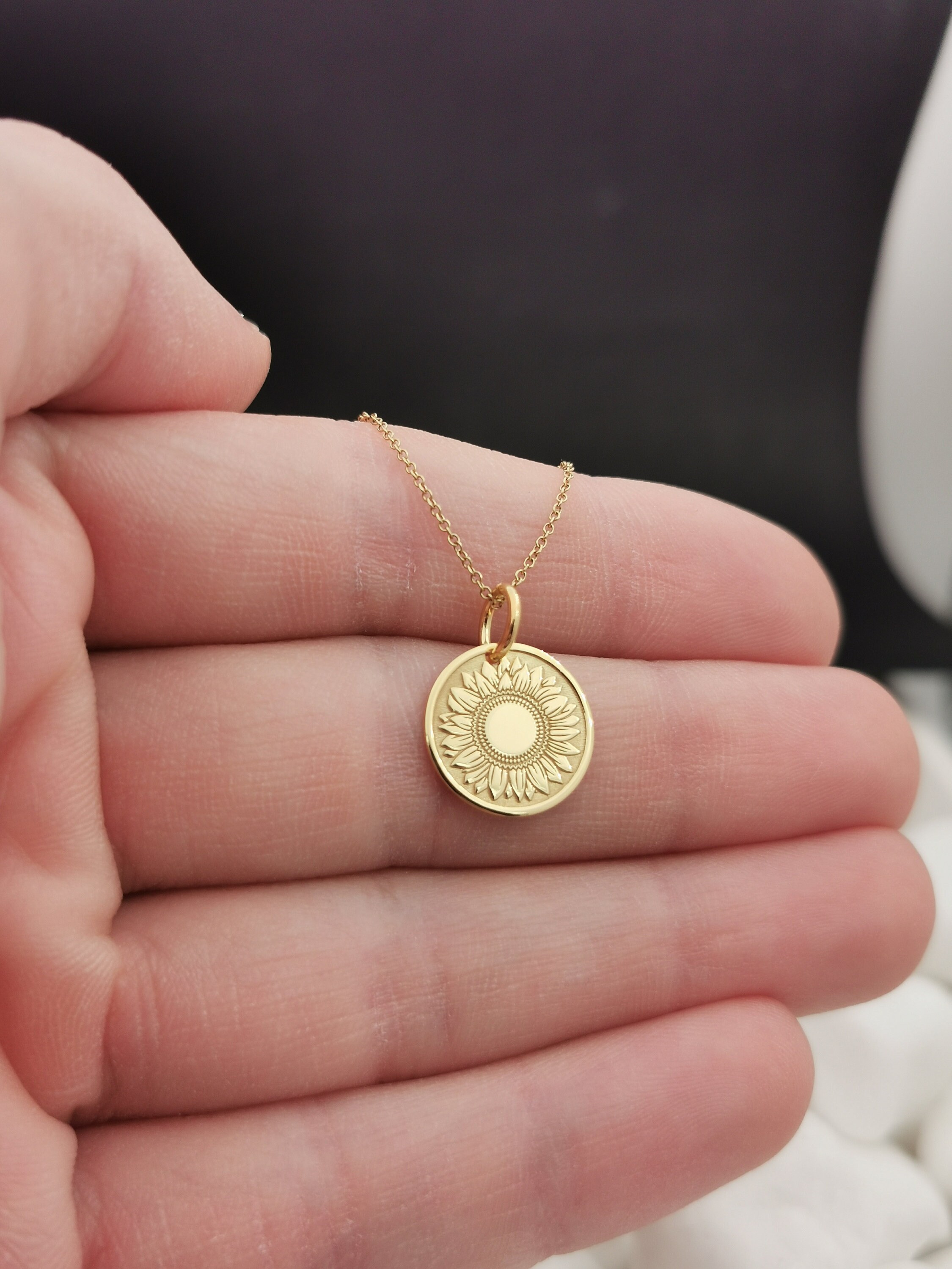 Dainty 14k Solid Gold Sunflower Pendant Personalized - Etsy