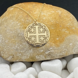 14k Solid Gold Jerusalem Cross Necklace, Personalized Cross Coin ...
