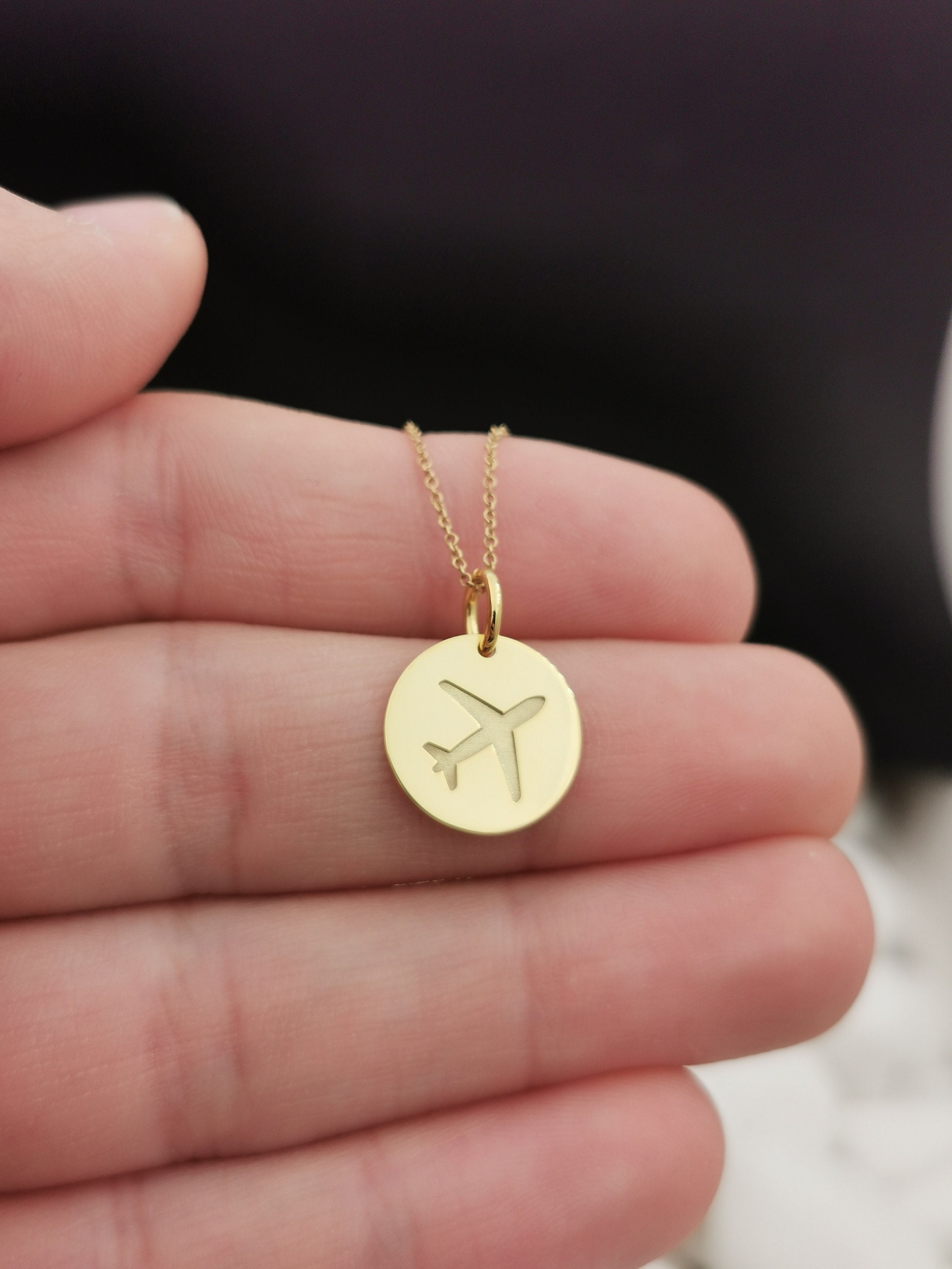 14k Solid Gold Airplane Necklace, Personalized Plane Pendant, Travel ...