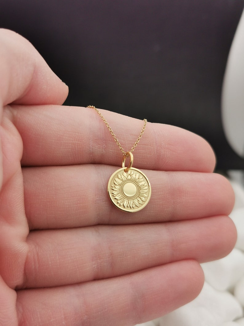 Dainty 14k Solid Gold Sun Flower Necklace, Personalized Sun Flower ...
