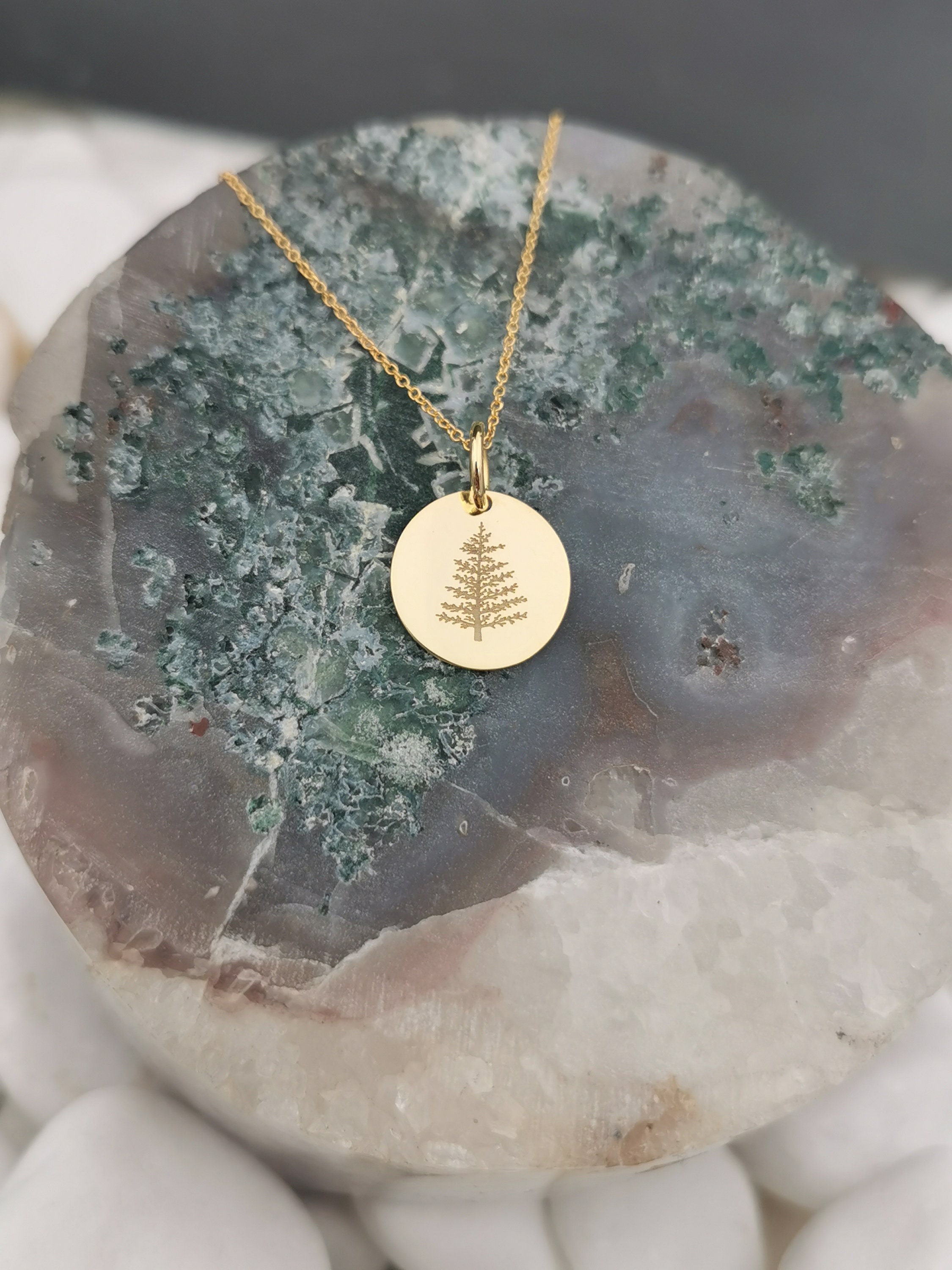 14k Solid Gold Evergreen Tree Necklace,dainty Evergreen Tree Jewelry ...