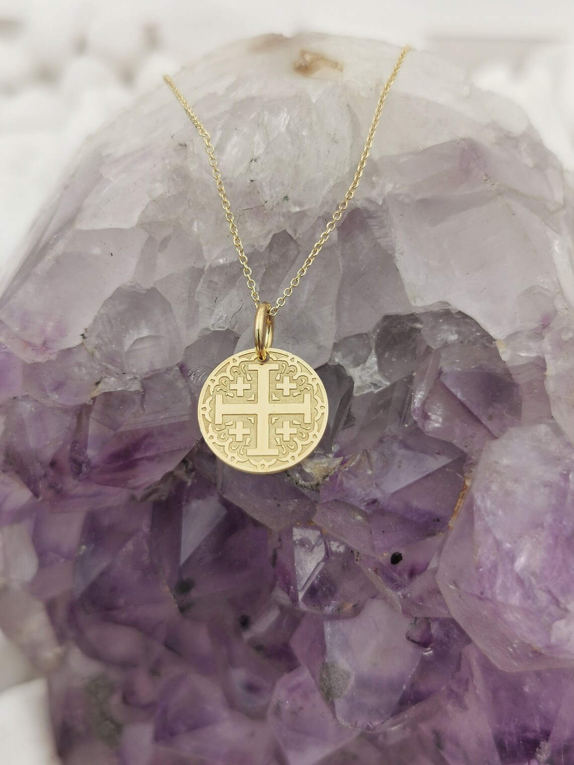 Dainty 14k Solid Gold Jerusalem Cross Necklace Personalized | Etsy