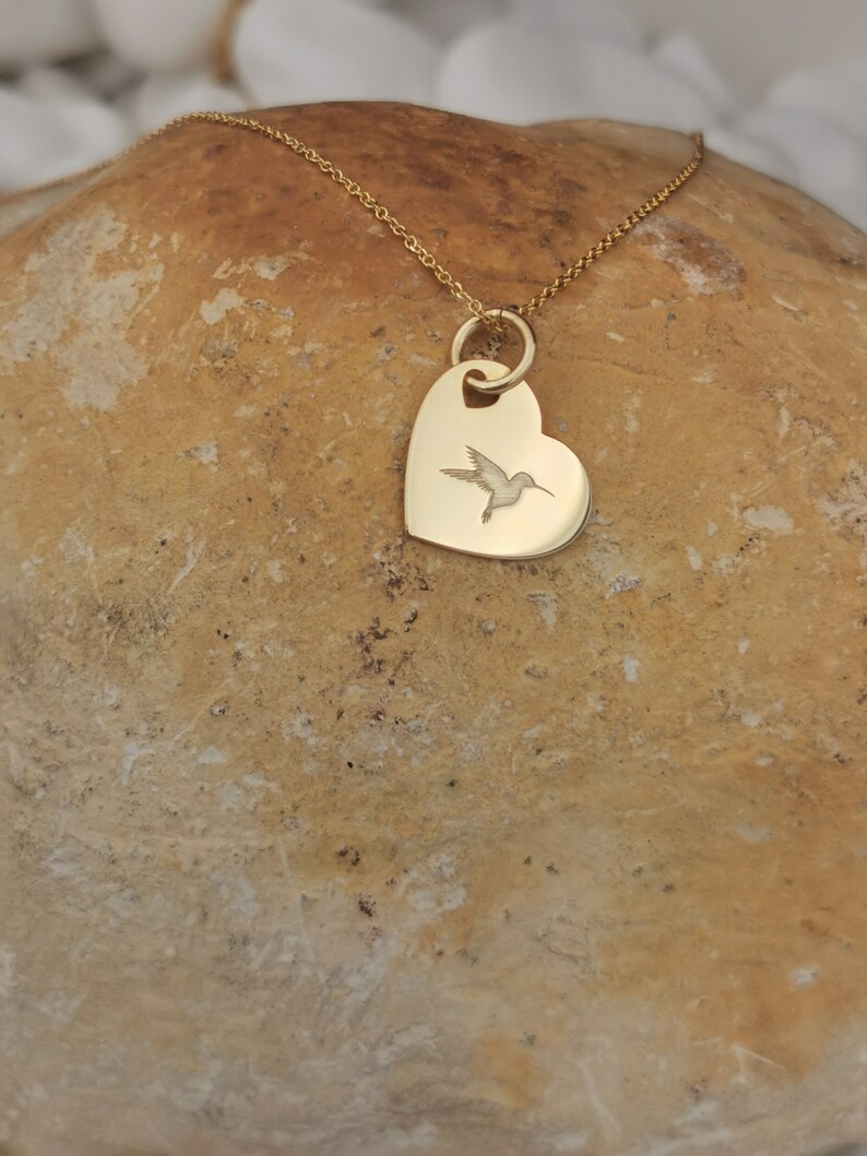 Dainty Solid Gold Hummingbird Necklace, 14k Personalized Heart Pendant ...