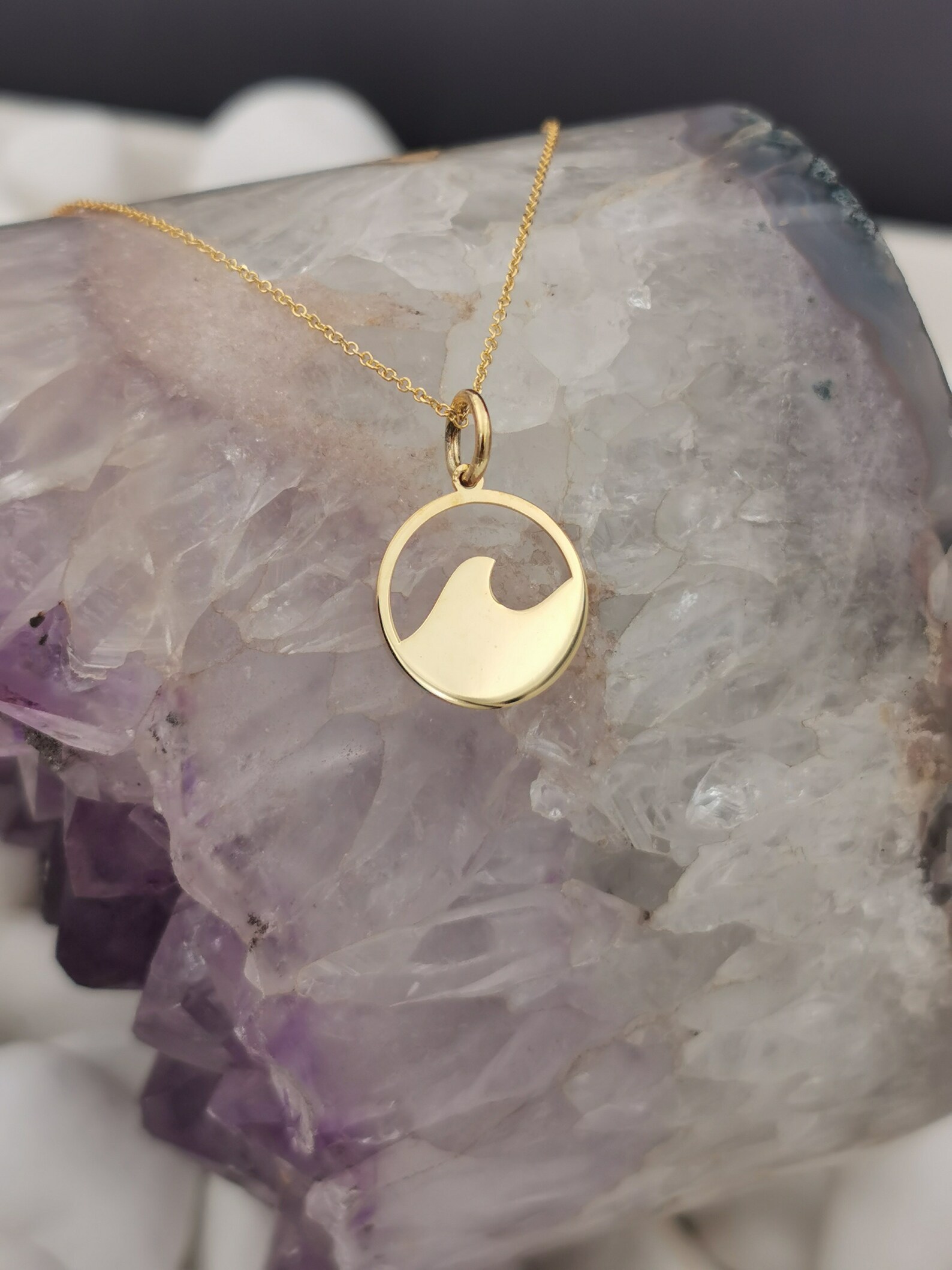 14k Solid Gold Dainty Wave Pendant Everyday Small Gold Disc | Etsy