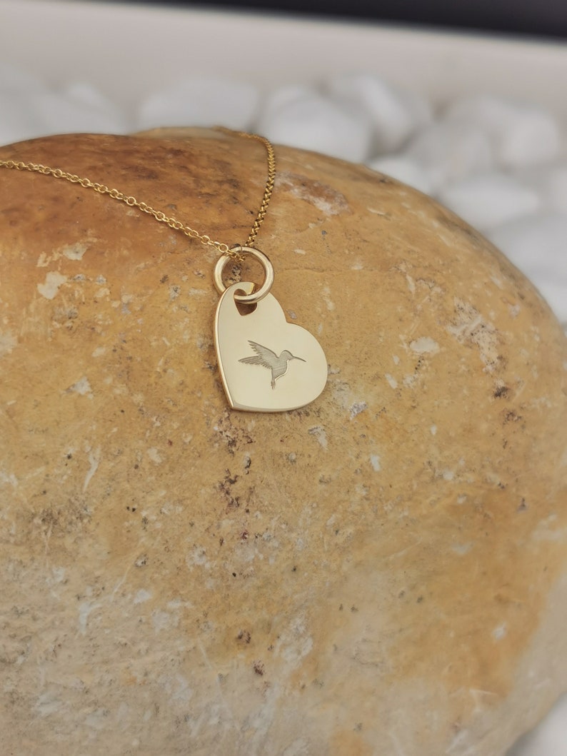 Dainty Solid Gold Hummingbird Necklace, 14k Personalized Heart Pendant ...
