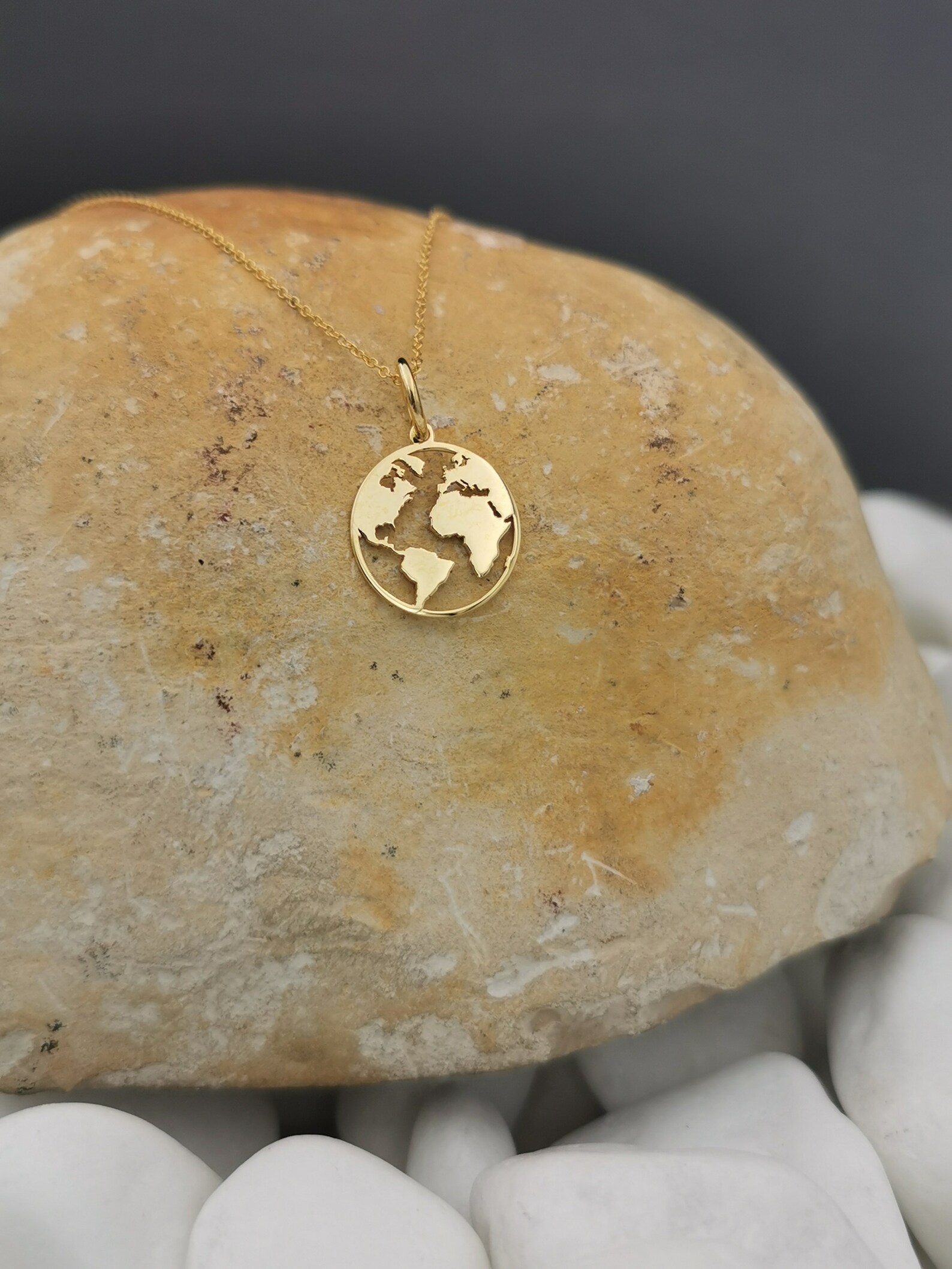 14k Solid Gold Earth Necklace, Dainty World Map Medallion Necklace ...