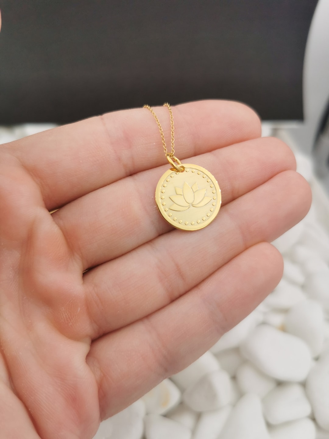 14k Solid Gold Lotus Necklace, 16.5mm Lotus Disk, Personalized Lotus ...