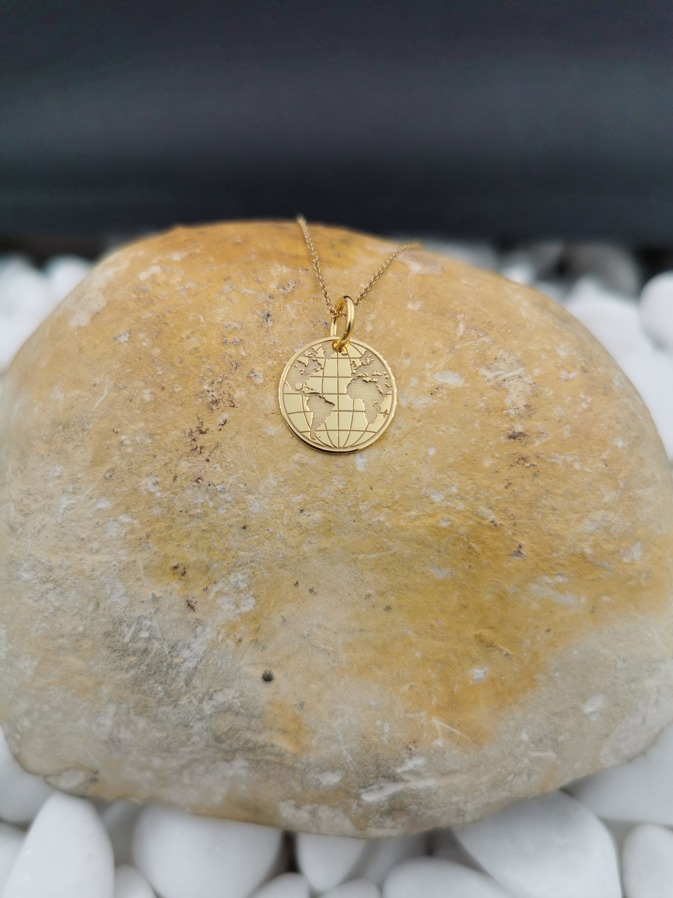 Dainty 14k Solid Gold Earth Necklace, World Map Necklace, Gold Coin ...