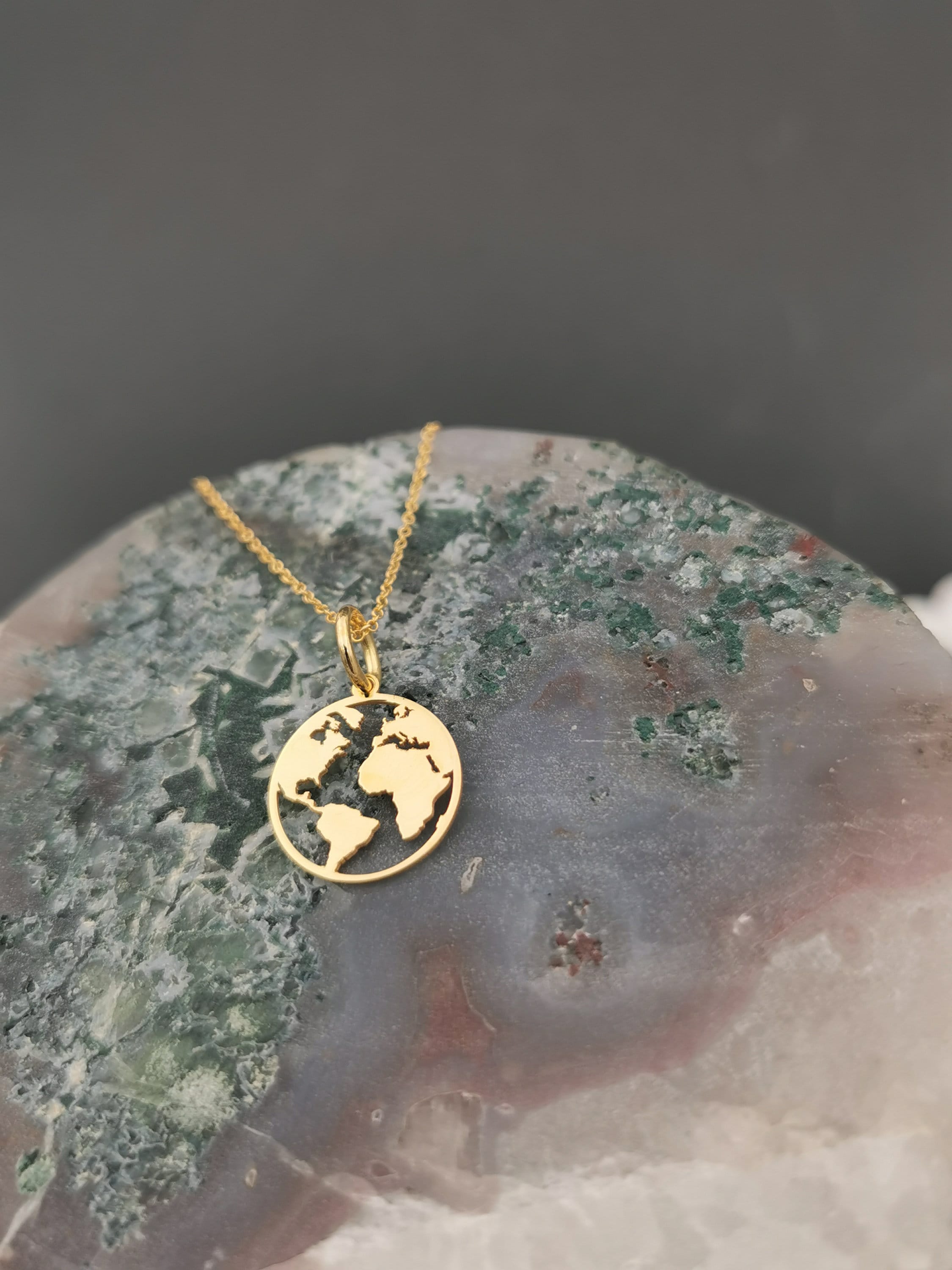 14k Solid Gold Earth Necklace, Dainty World Map Medallion Necklace ...