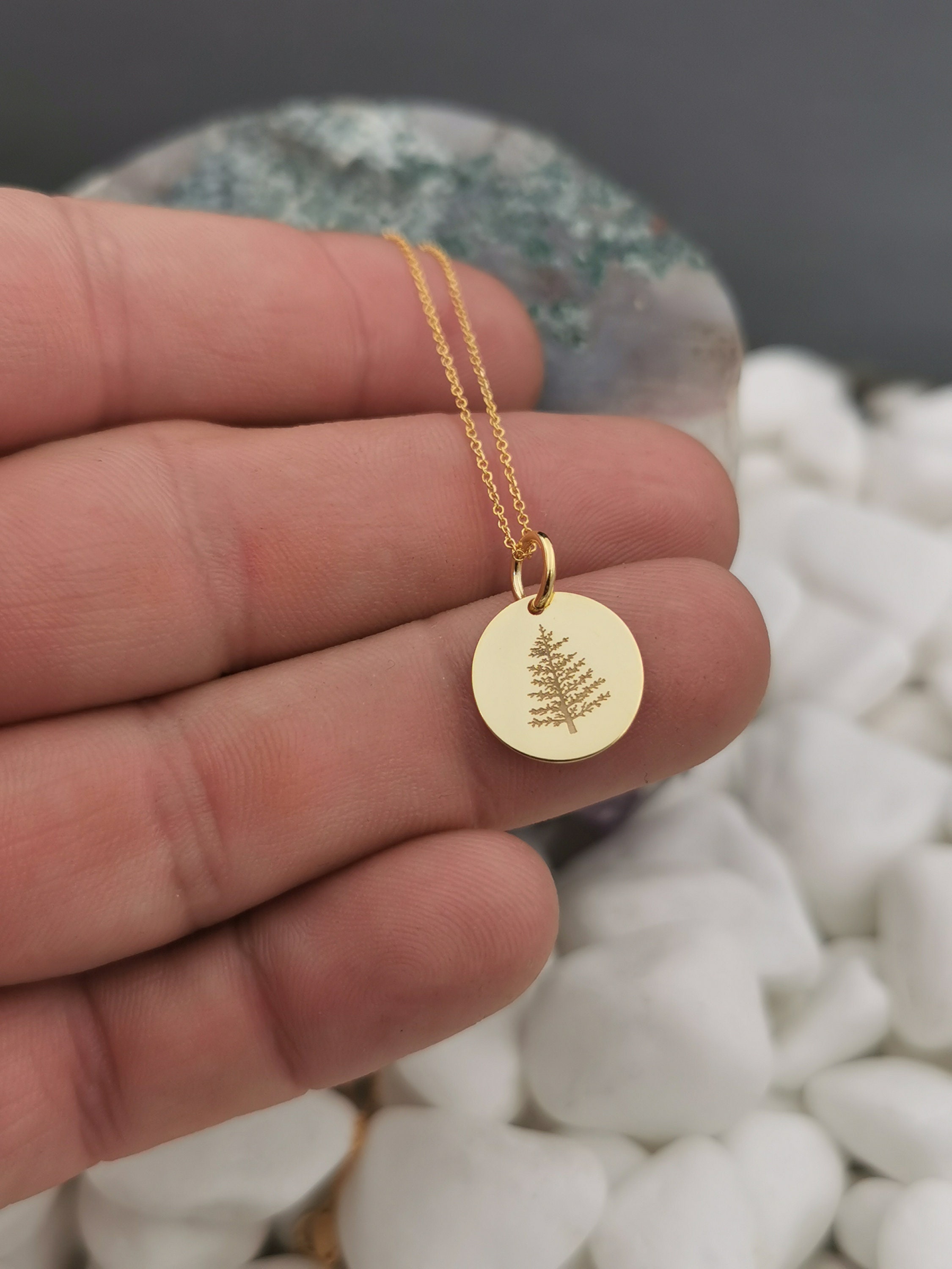 14k Solid Gold Evergreen Tree Necklacedainty Evergreen Tree - Etsy